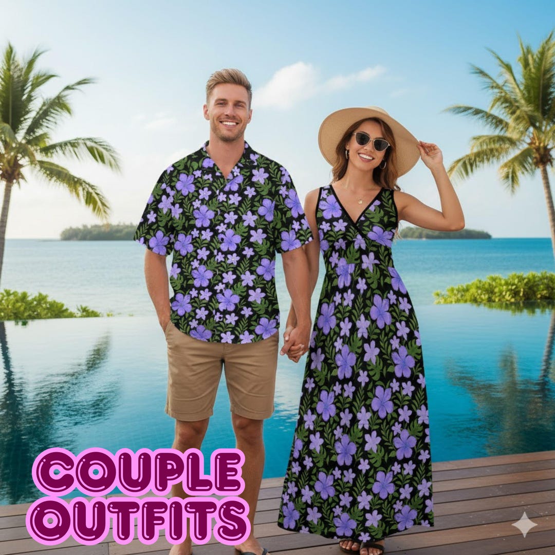 Tropical Purple Hibiscus Matching Outfits | Women’s Maxi Dress & Men’s ...