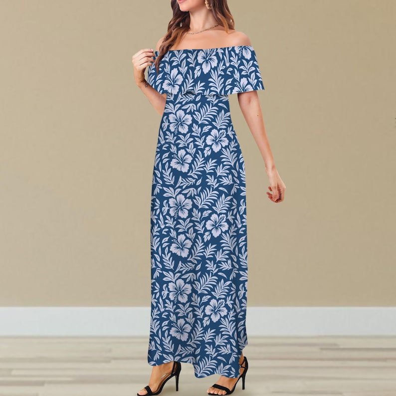 Navy Hibiscus Couple Outfit – Matching Off-shoulder Maxi Dress ...
