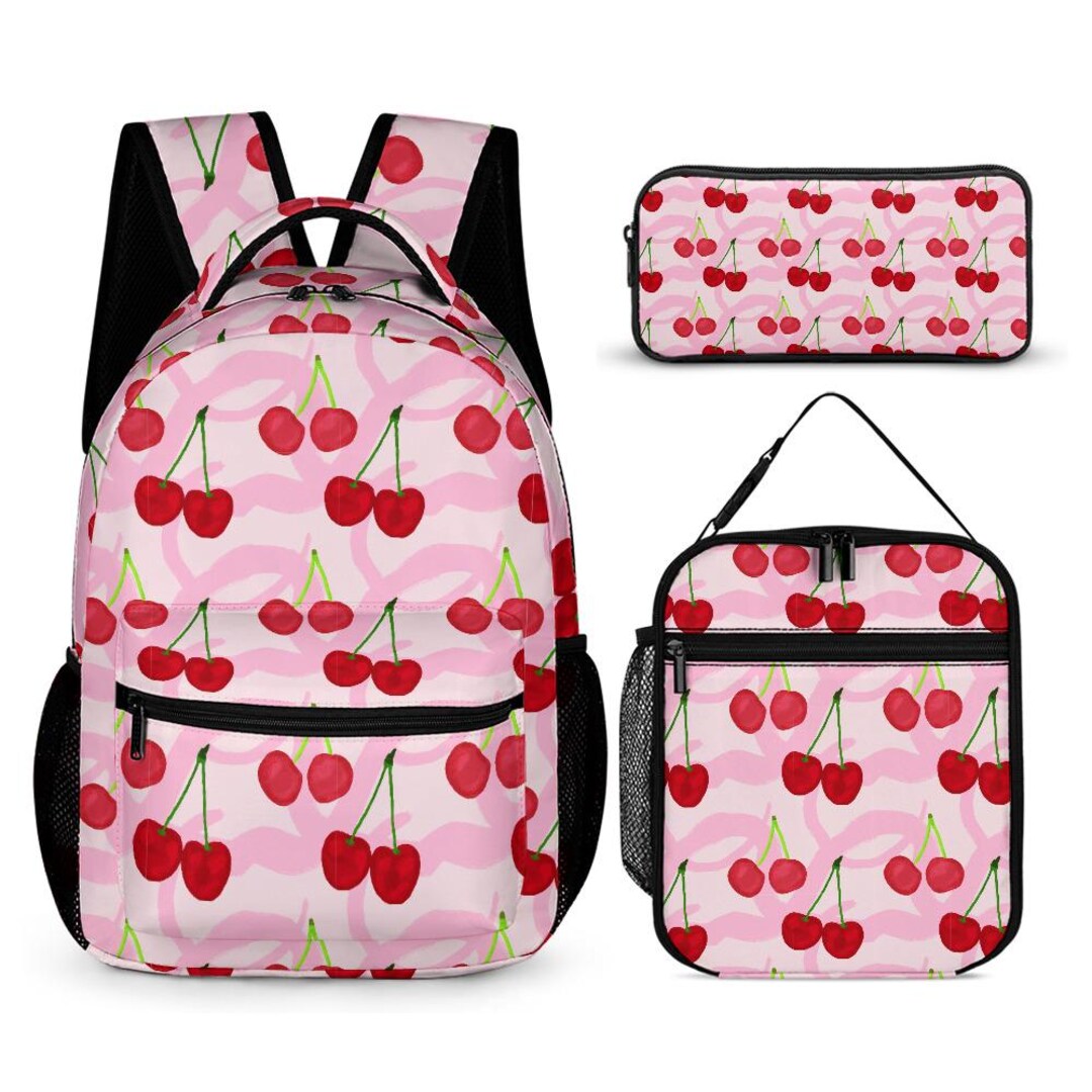 Cherry Print 3-piece Bag Set – Backpack, Lunch Bag & Pencil Case | Pink ...
