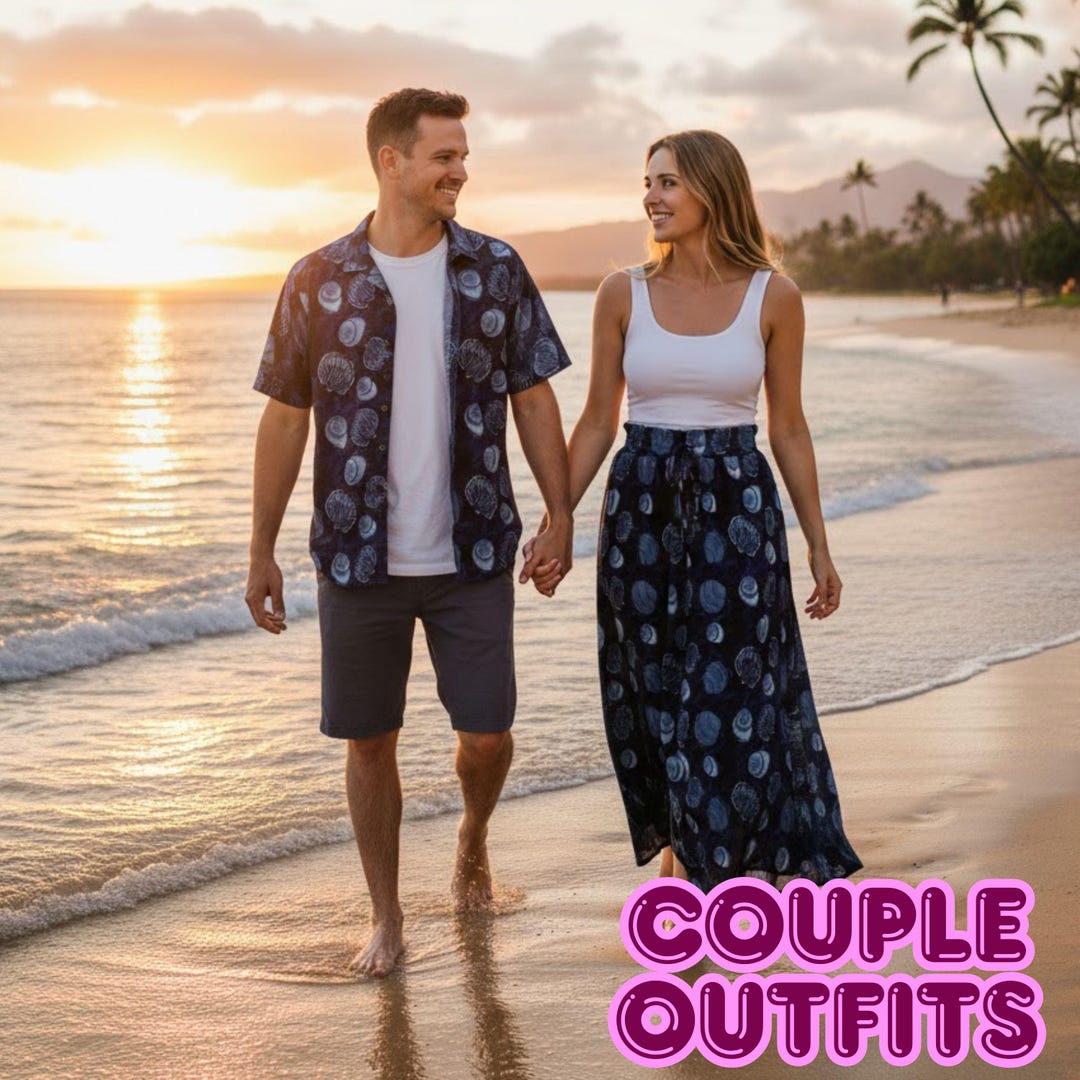 Seashell Print Couple Matching Outfits – Women’s Wide-leg Pants & Men’s ...