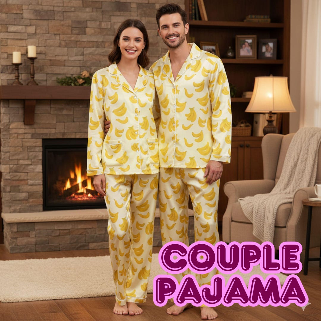 Couple Matching Banana Pajama Set | Yellow Fruit Print Long Sleeve ...