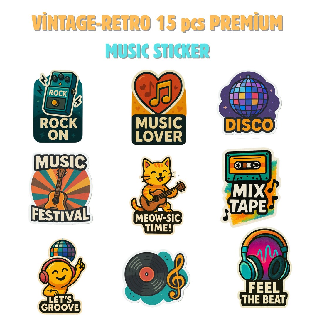 Colorful Music Sticker Pack | Digital Download | Retro Vinyl, Cassette ...