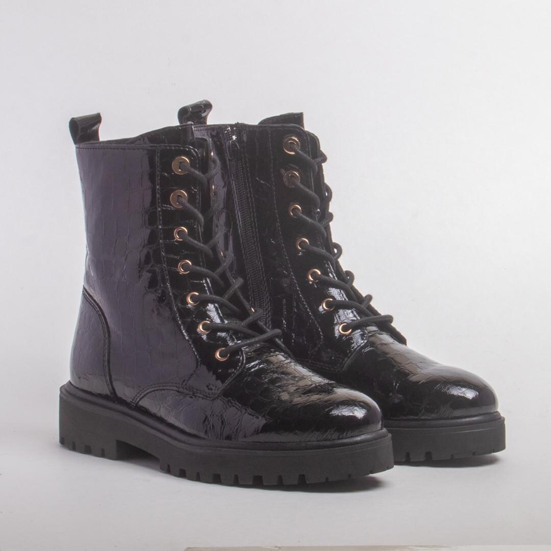 Men’s Black Croc Combat Boots | Glossy Lace-up Ankle Boots | Textured ...