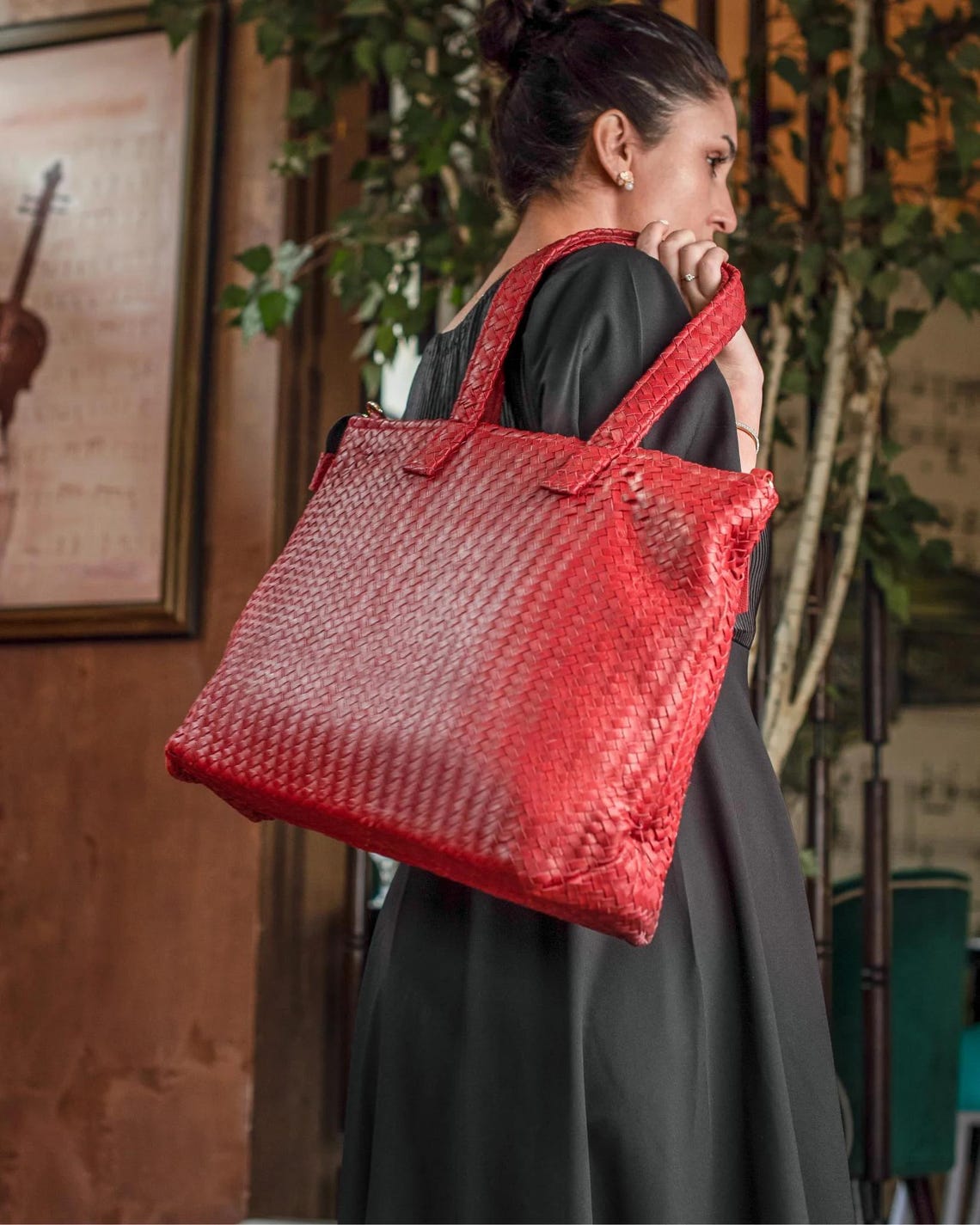 Handmade Woven Leather Tote Bag – Elegant Red Shoulder Handbag - Etsy