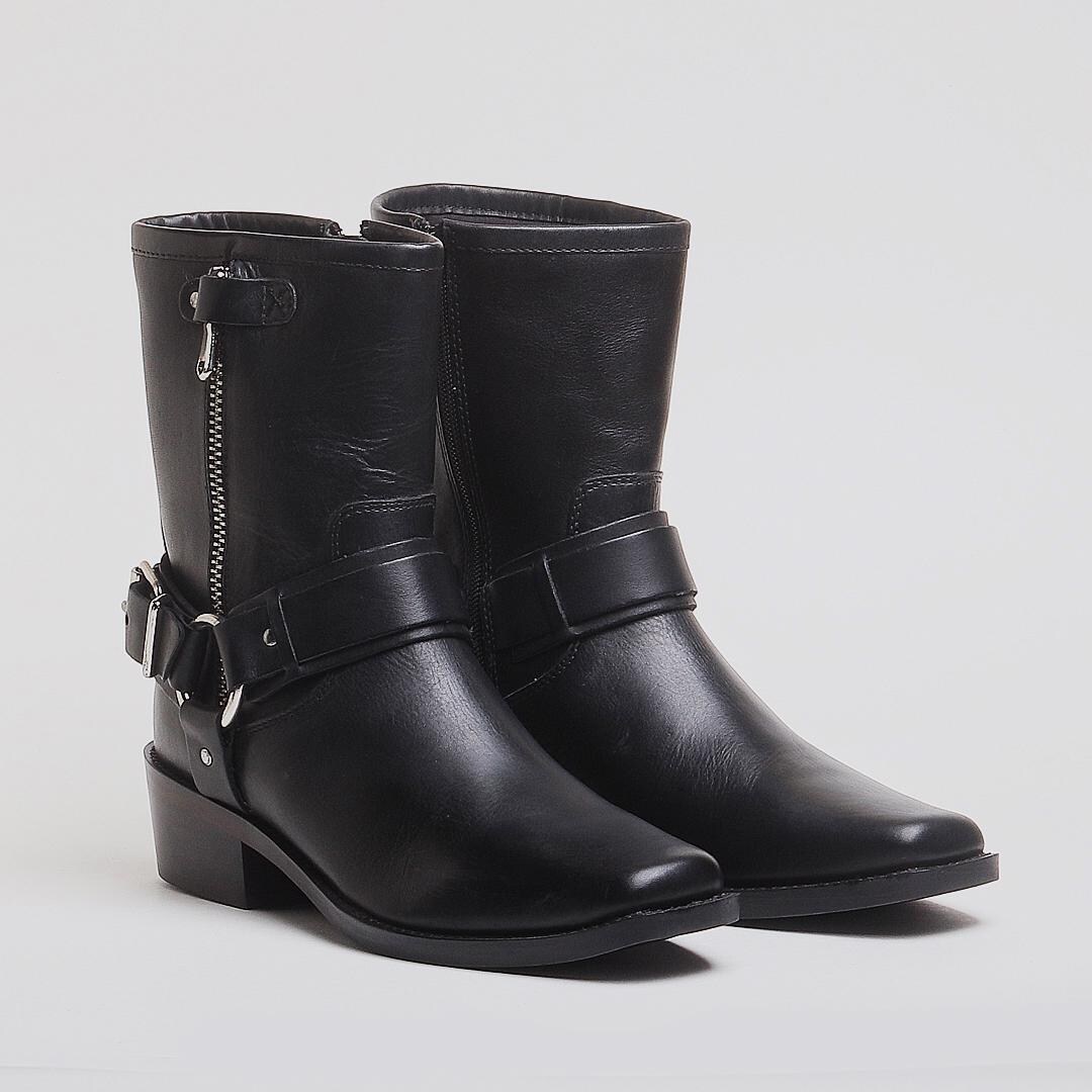 Men’s Black Leather Biker Boots | Mid-calf Zip & Buckle Strap Boots ...