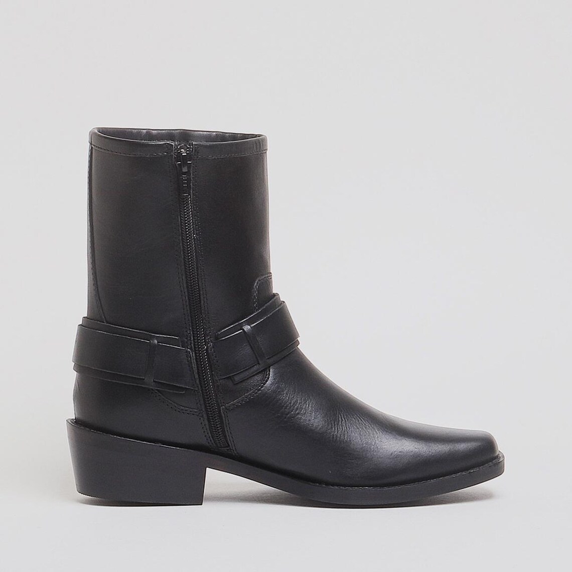Men’s Black Leather Biker Boots | Mid-calf Zip & Buckle Strap Boots ...