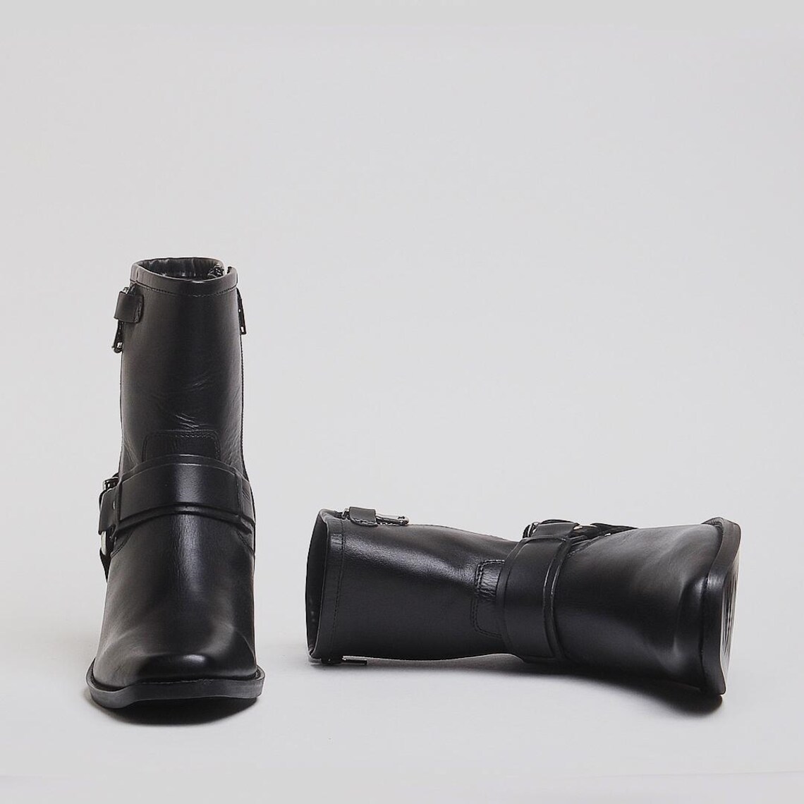 Men’s Black Leather Biker Boots | Mid-calf Zip & Buckle Strap Boots ...