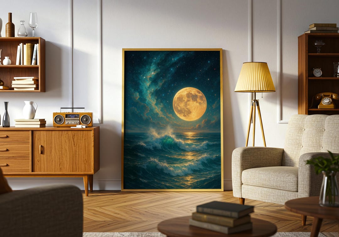 Golden Moon Over Midnight Ocean – Starry Sky and Glowing Moon Art – Oil ...