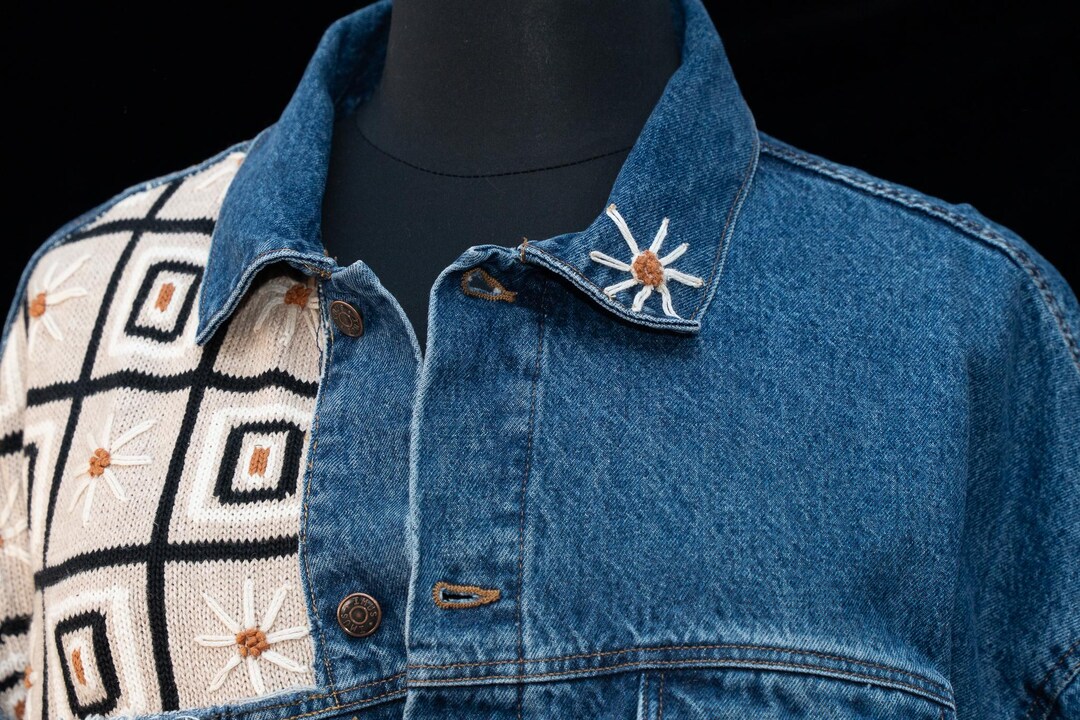 Upcycled Denim Jacket, Altered Couture, Sustainable Clothing, Hand Knit ...