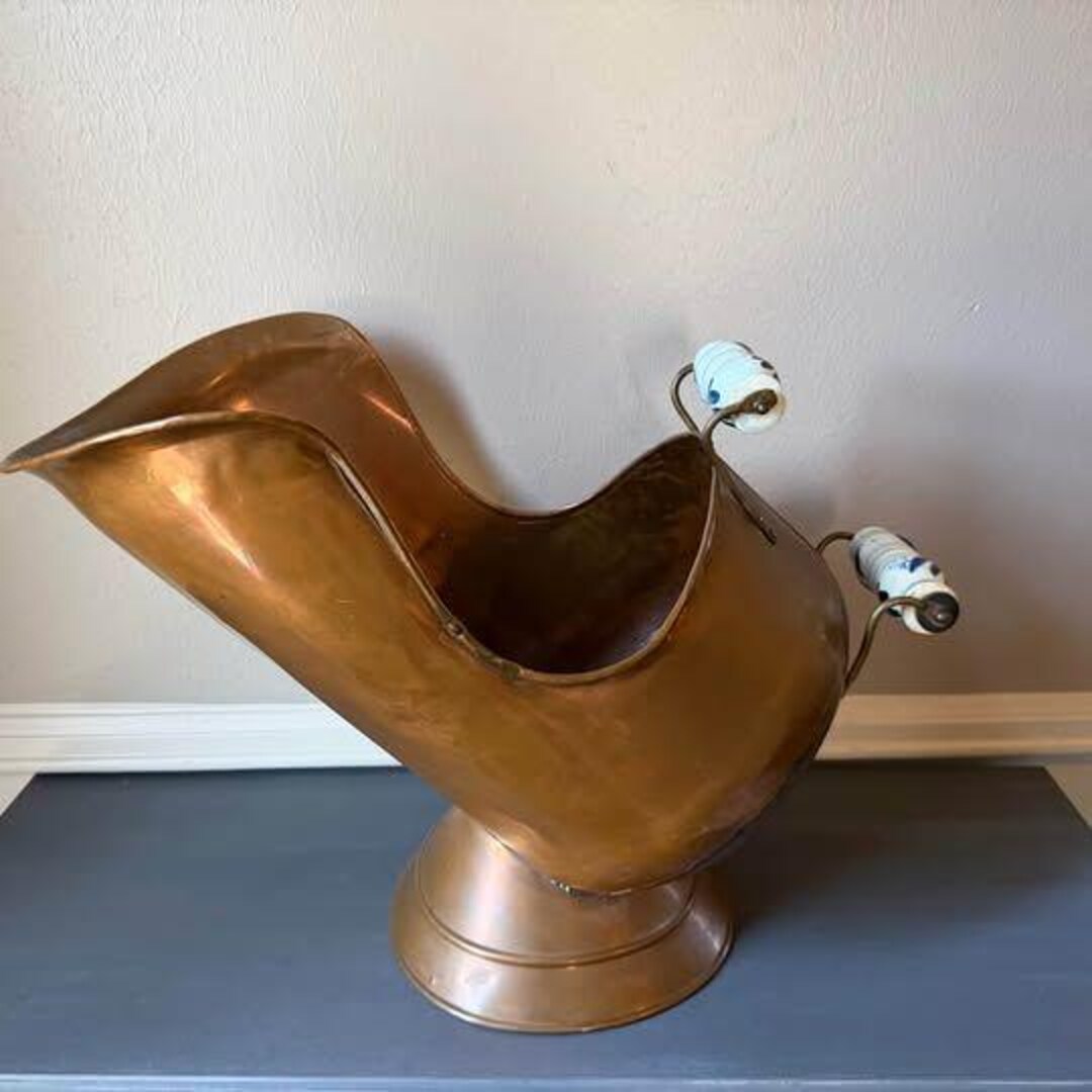 Vintage Copper Coal Scuttle With Blue and White Ceramic Handles - Etsy
