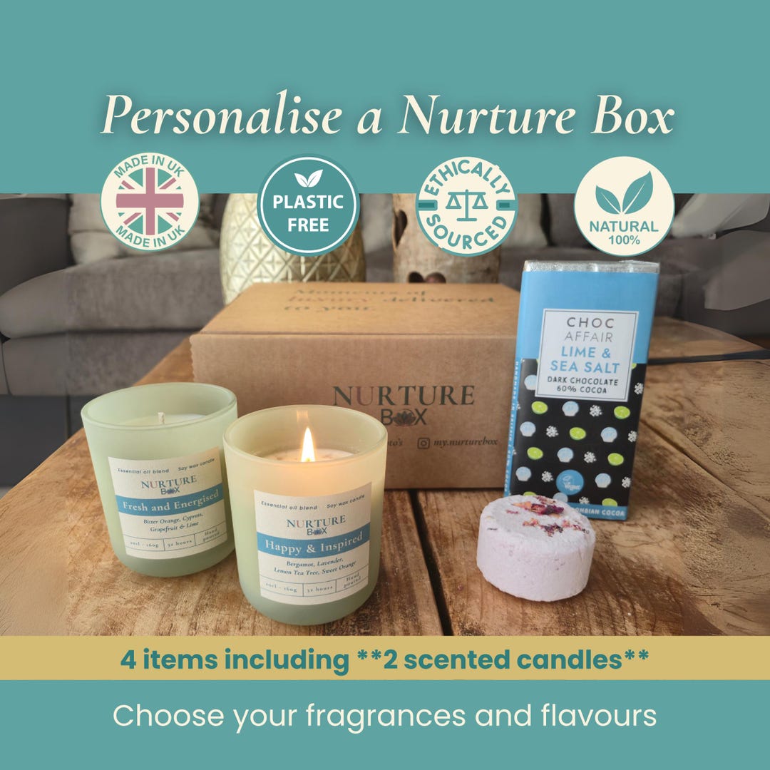Personalised Pamper Gift Box (4 Item) Soy Candle, Bath Bomb, Chocolate ...