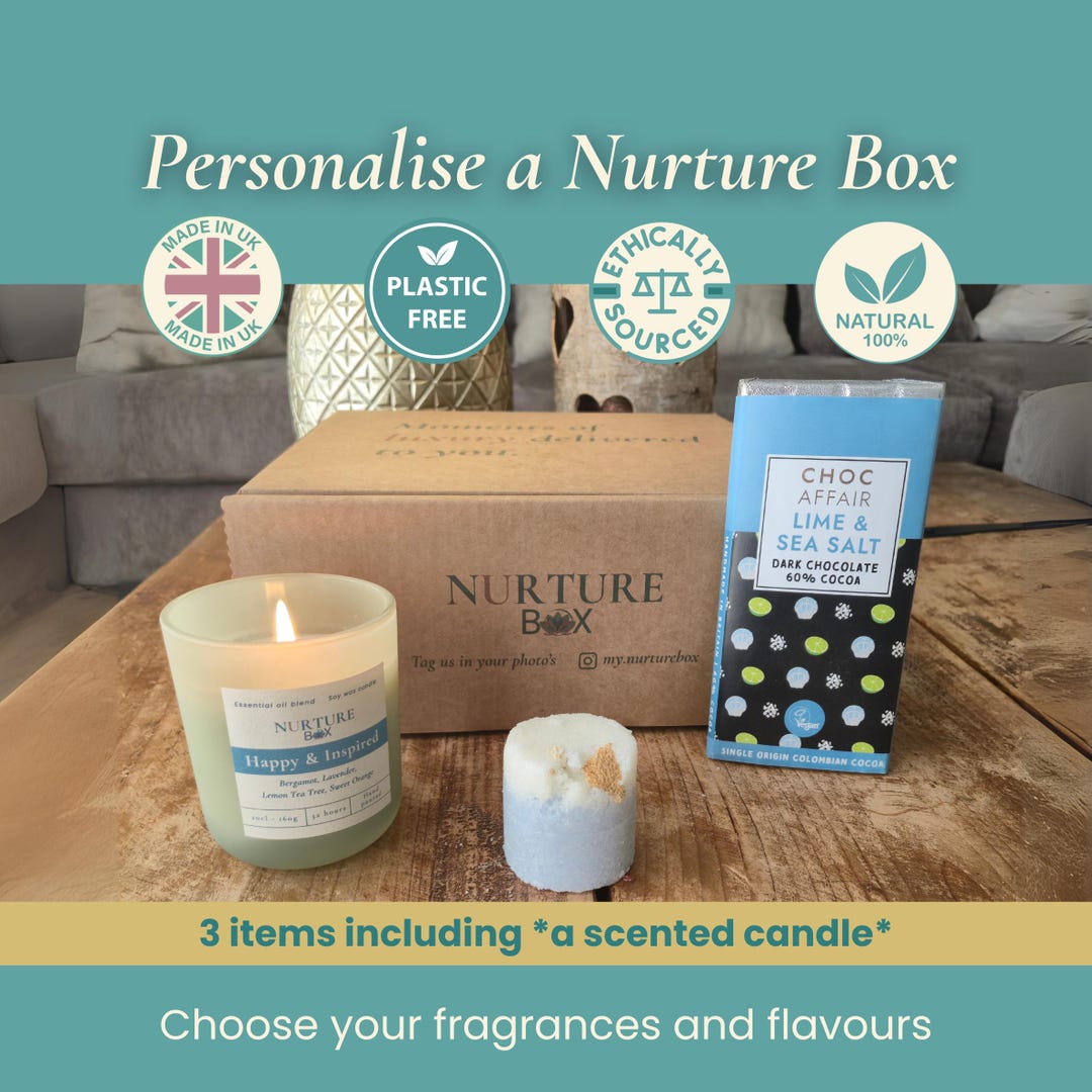 Personalised Pamper Box (3 Item): Soy Candle, Bath Scrub & Chocolate ...