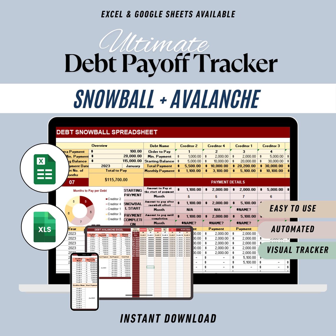 Debt Payoff Tracker: Excel & Google Sheets, Snowball Avalanche (digital ...
