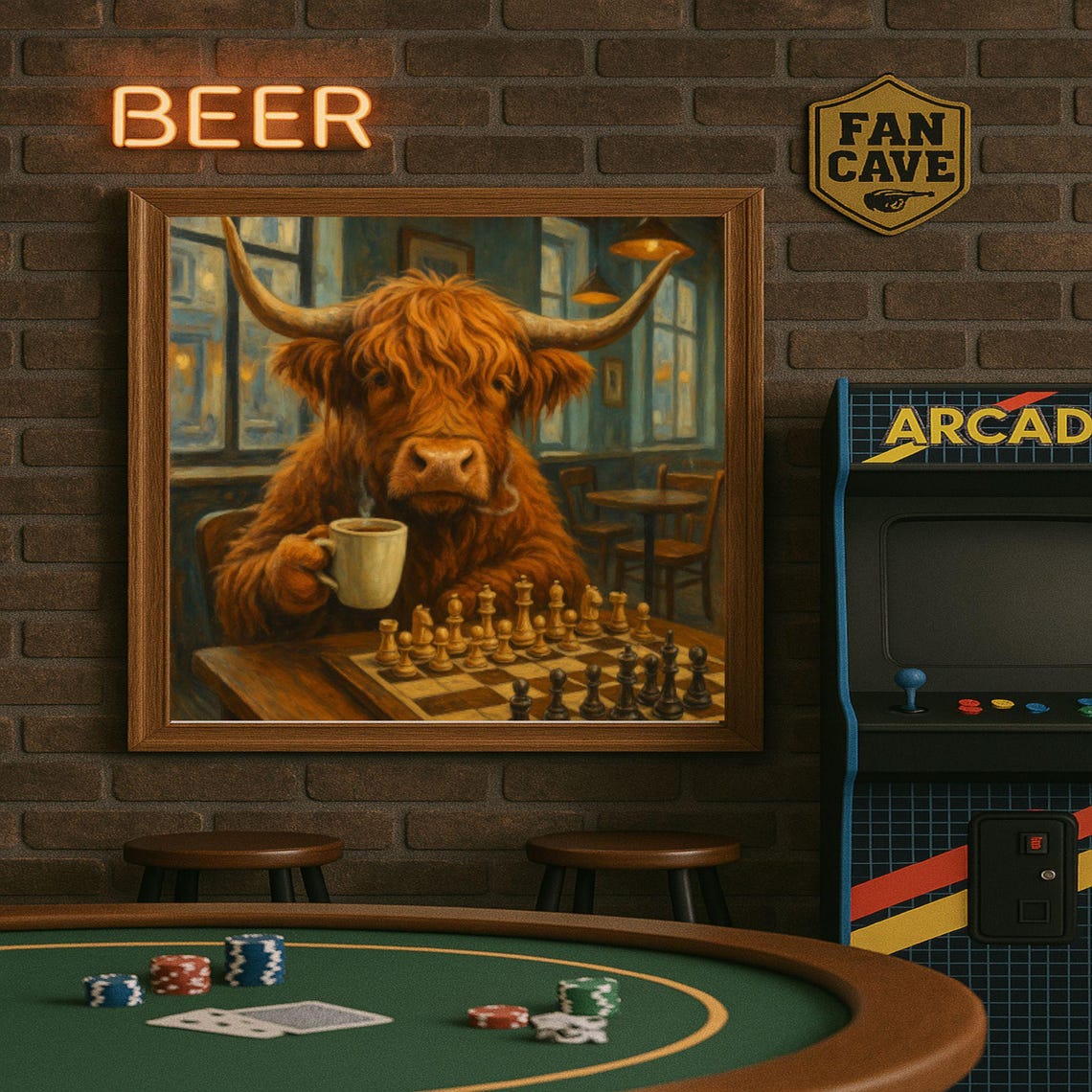 Highland Cow Coffee & Chess Art – Cozy Cafe Wall Print, Rustic Animal ...