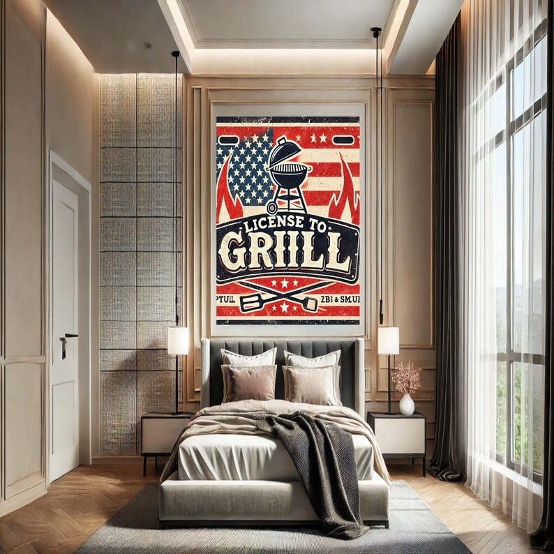 License to Grill - Patriotic BBQ Wall Art | Retro Grilling Sign | Man ...