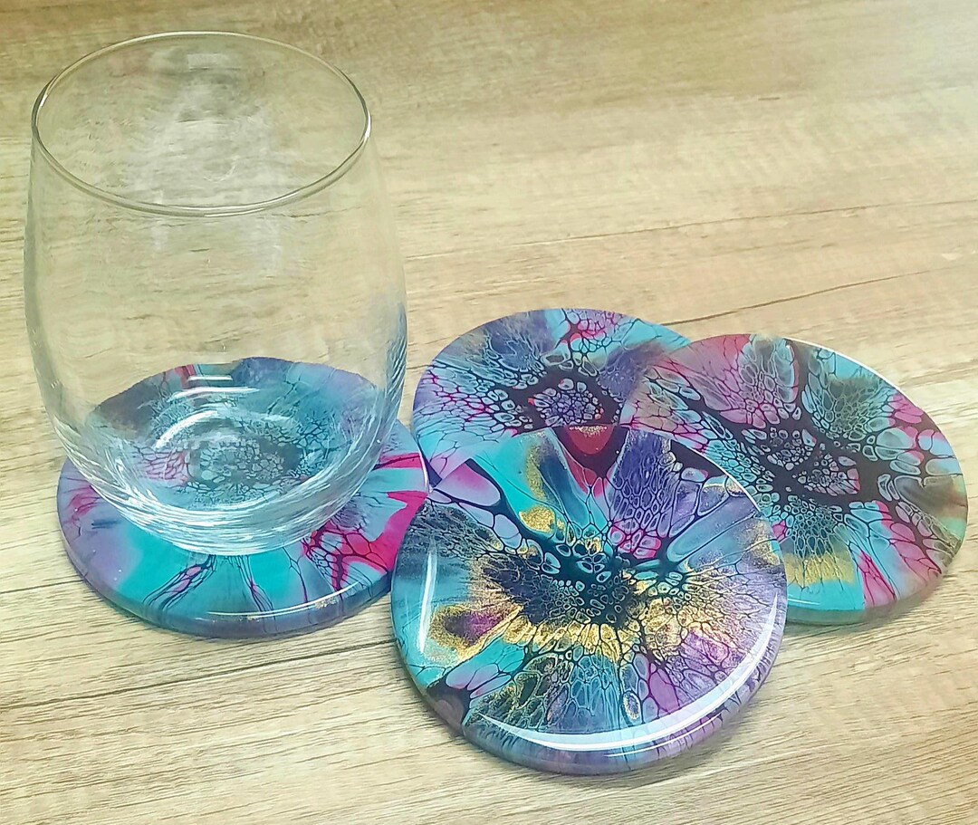 Acrylic Poured Coaster Set: Fluid Art, Cork Base - Etsy
