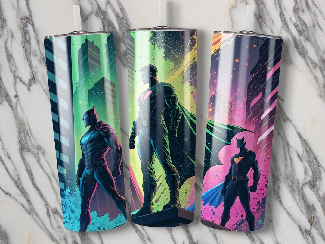 Cityscape Superheroes Tumbler Wrap, Superhero Team Art, Neon City ...