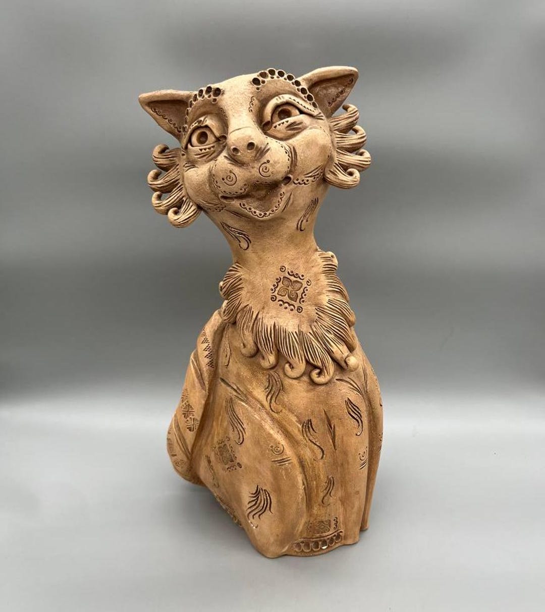 Handmade Ceramic Cat Statue – Whimsical Clay Sculpture With Ethnic ...