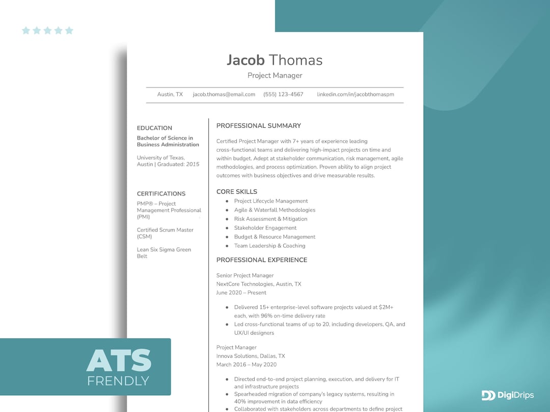 Project Manager Resume Template ATS Friendly | Professional CV for ...