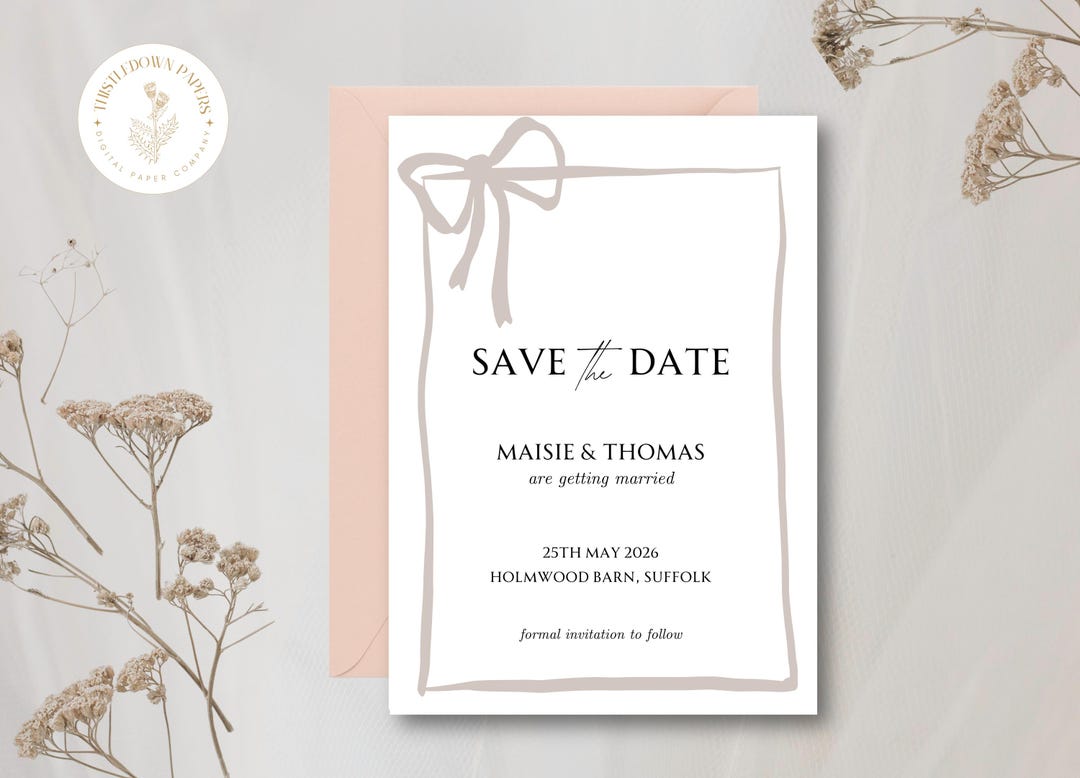 Bow Ribbon Save the Date Printable Template, E-vite, DIY Editable Save ...