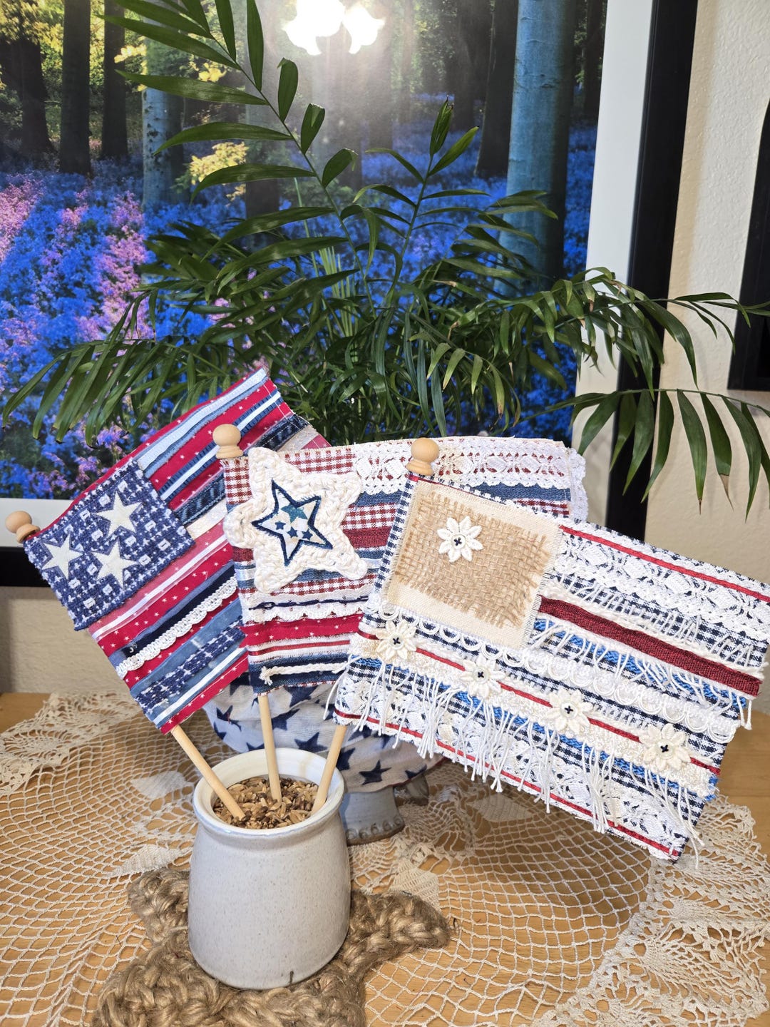 Handmade Rustic Patriotic Flags Set, Americana Lace Trimmed Decorations ...