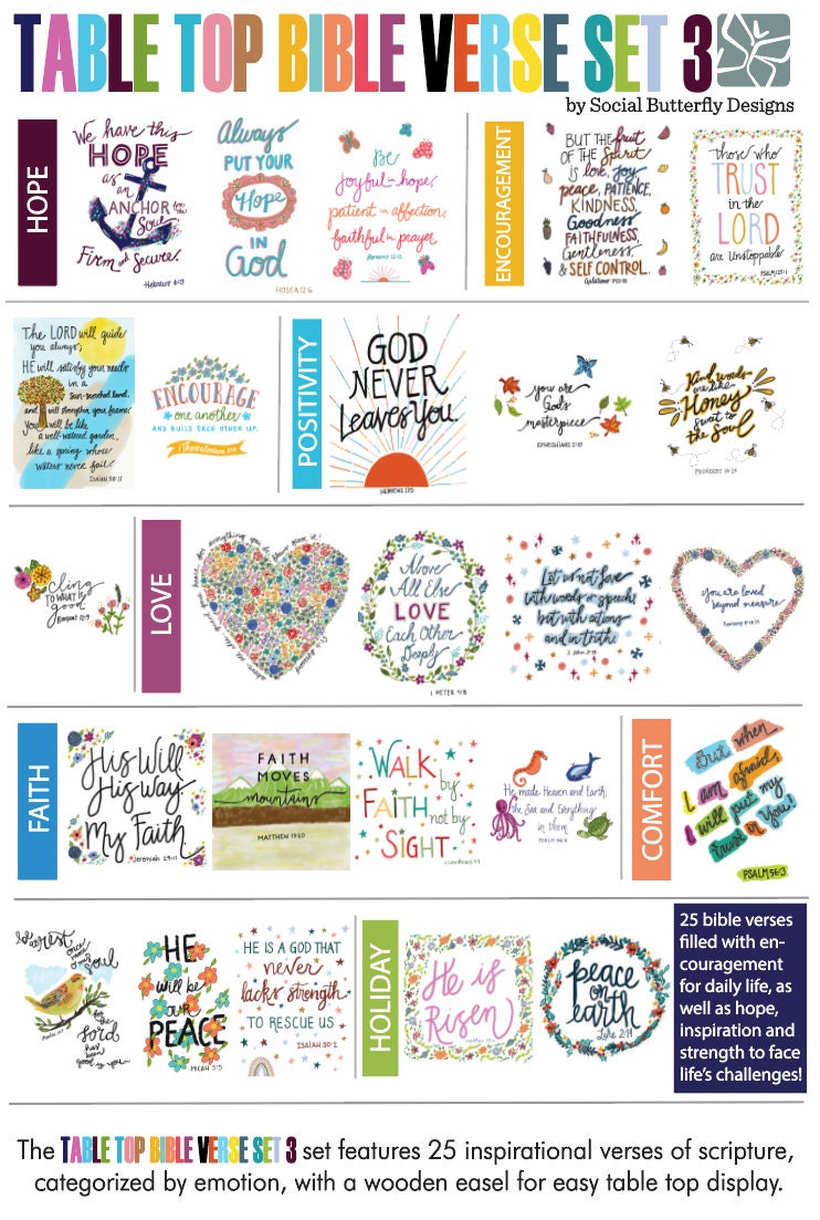 Bible Verse Art Set With Stand. Scripture Card Set. 25 Illustrated ...
