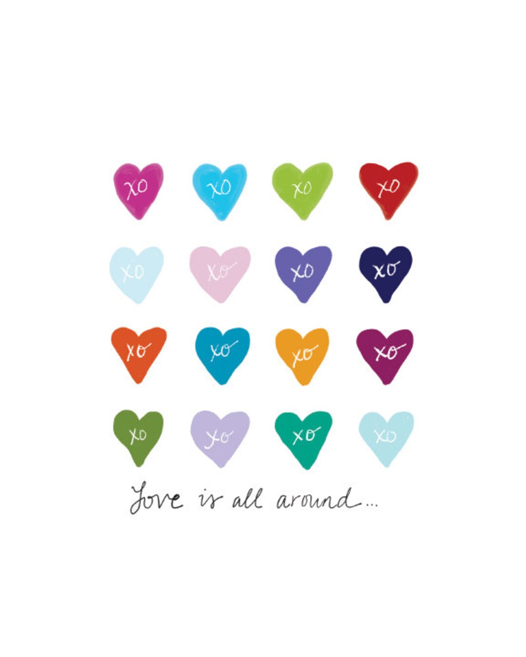 Cute Heart Art Print. Love is All Around Print. Colorful Hearts Art ...