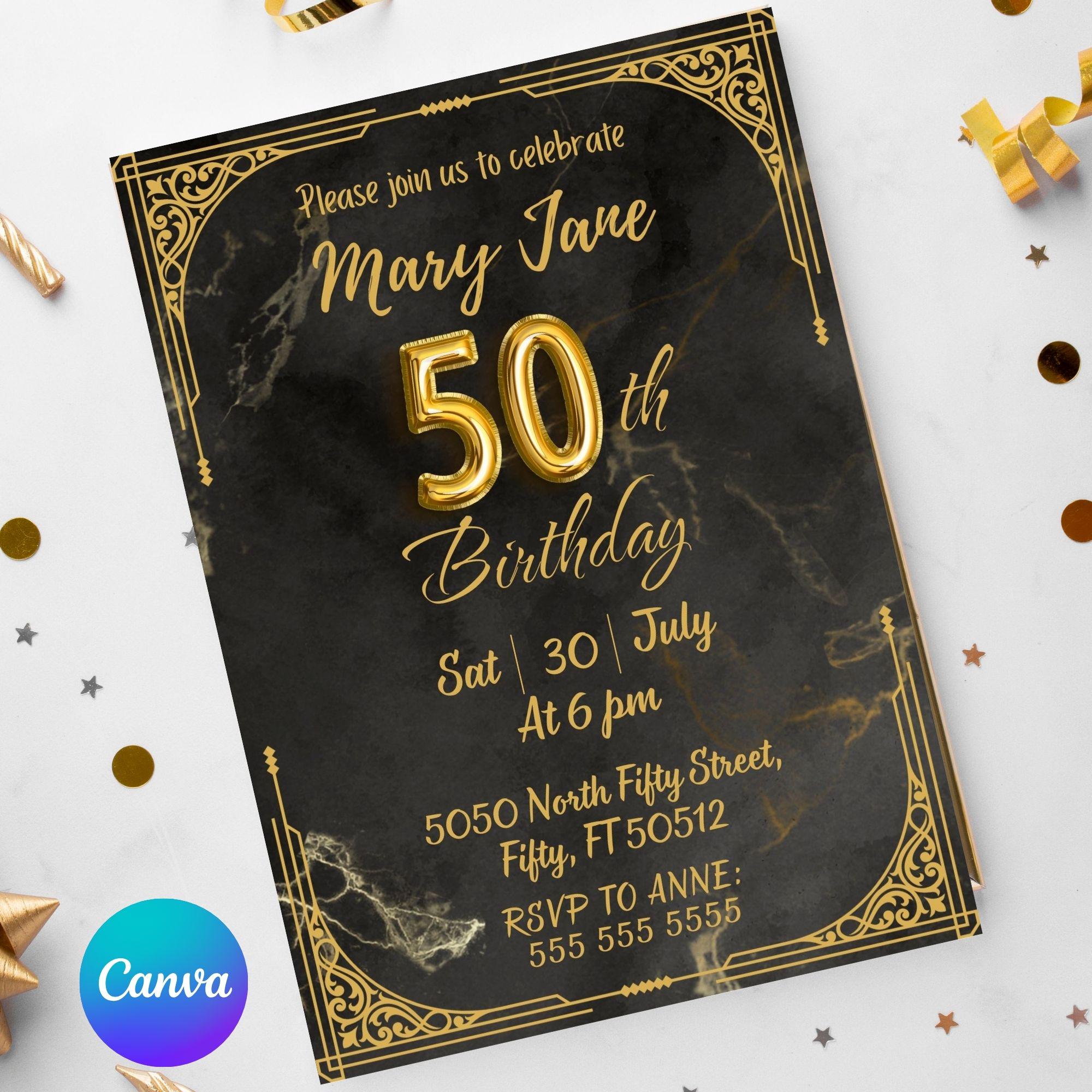 Editable 50th Birthday Invitation, Gold and Black Invitation, Elegant ...