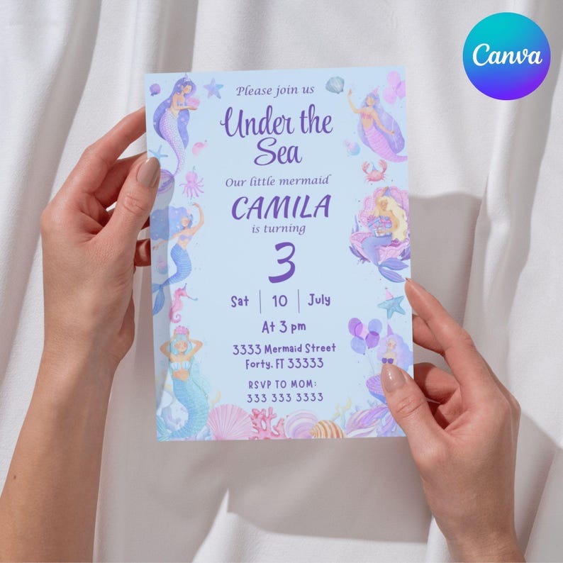 Editable Mermaid Birthday Invitation, Under the Sea Party (canva ...