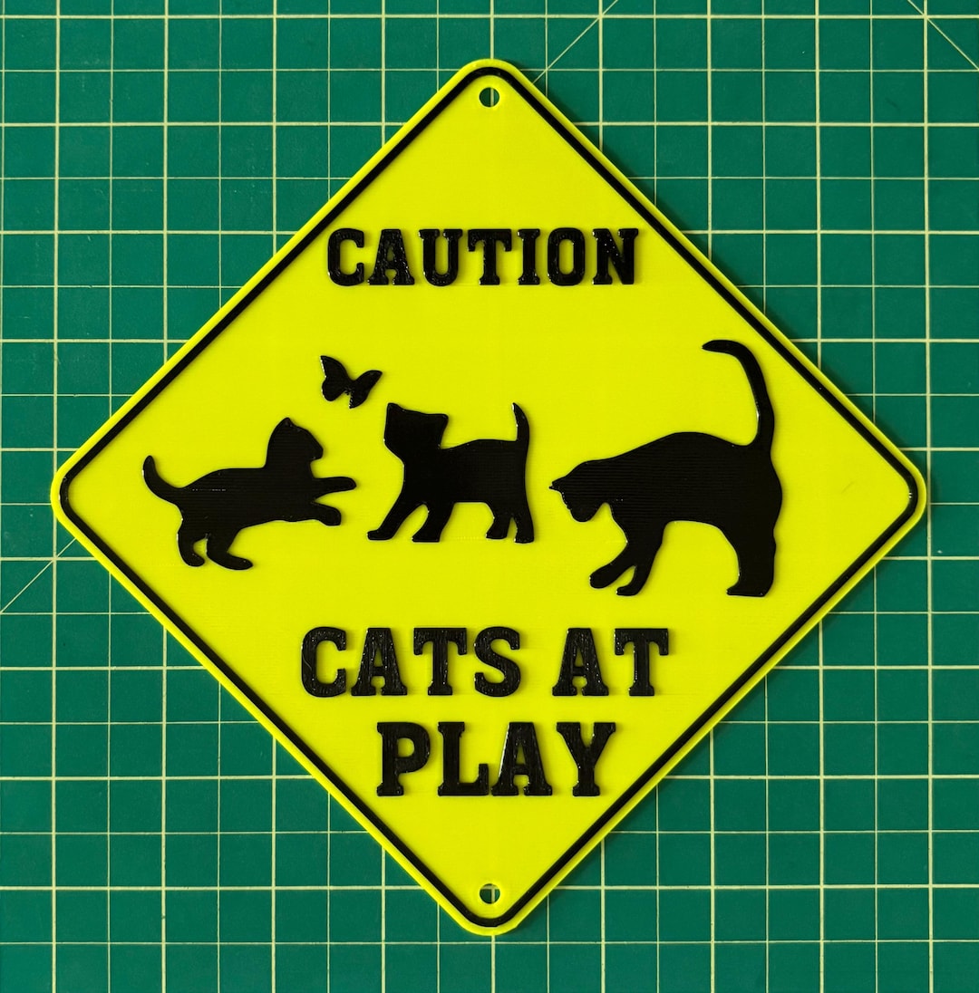 Caution Cats at Play With Symbol Animal Novelty Sign in Vibrant Yellow ...