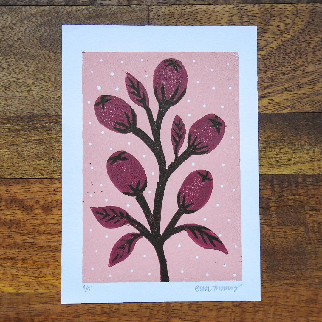 Pink Berry Flower Stem Hand-printed Reduction Linocut Print - Unframed ...