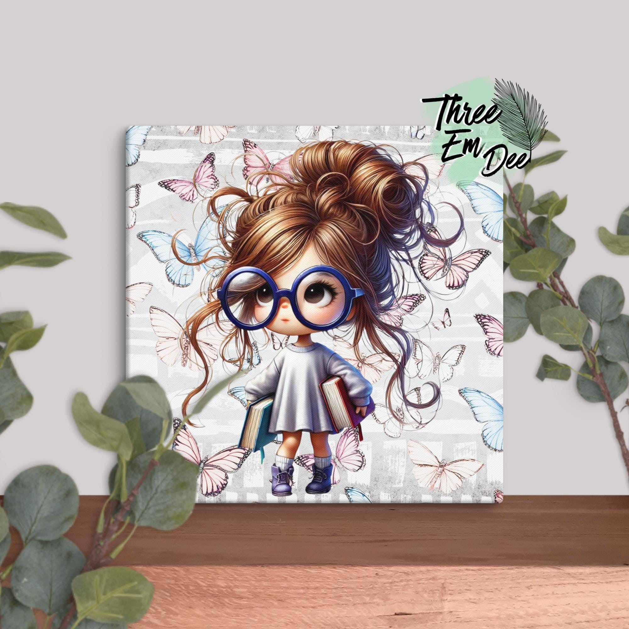 Cute Book Worm Girl Clipart Soft Colors Butterflies Background 20"x20 ...