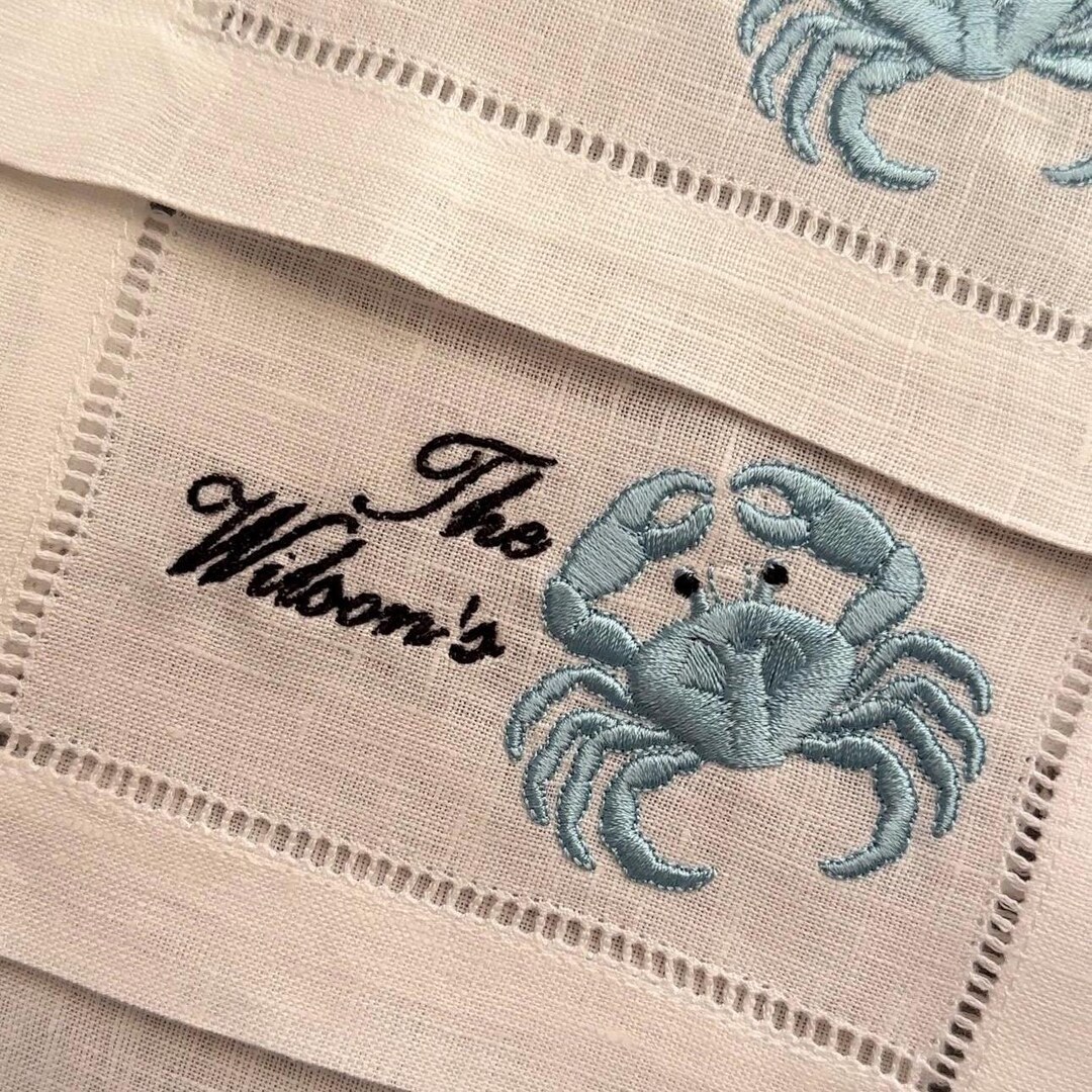 Custom Name With Crab Embroidered Linen Cocktail Napkins: Engagement ...