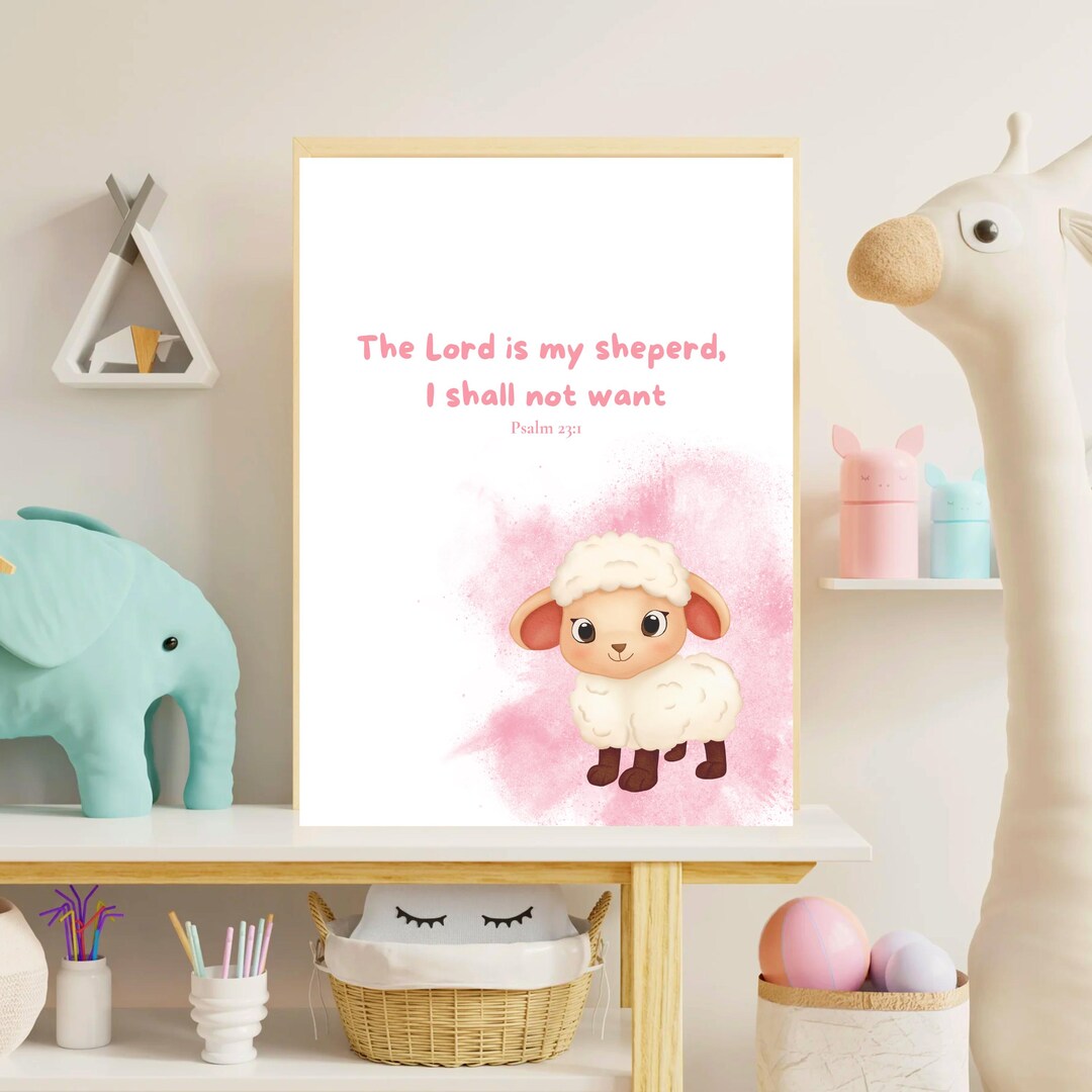 Psalm 23 Nursery Print – Pink Christian Poster Decor for Kids Room ...