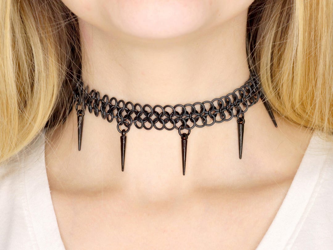 Spiked Tattoo Choker Stretchy Chainmail Necklace With Gothic Hanging Spikes for Vampire Costume Handmade in Your Choice of Colors and Size Etsy