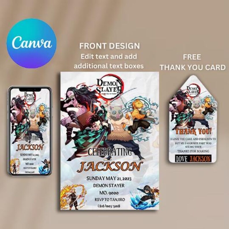 Editable Demon Slayer Birthday Invite, Anime Birthday Party Invite ...