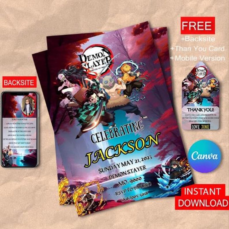 Editable Demon Slayer Birthday Invitation | Kids Birthday Invite ...