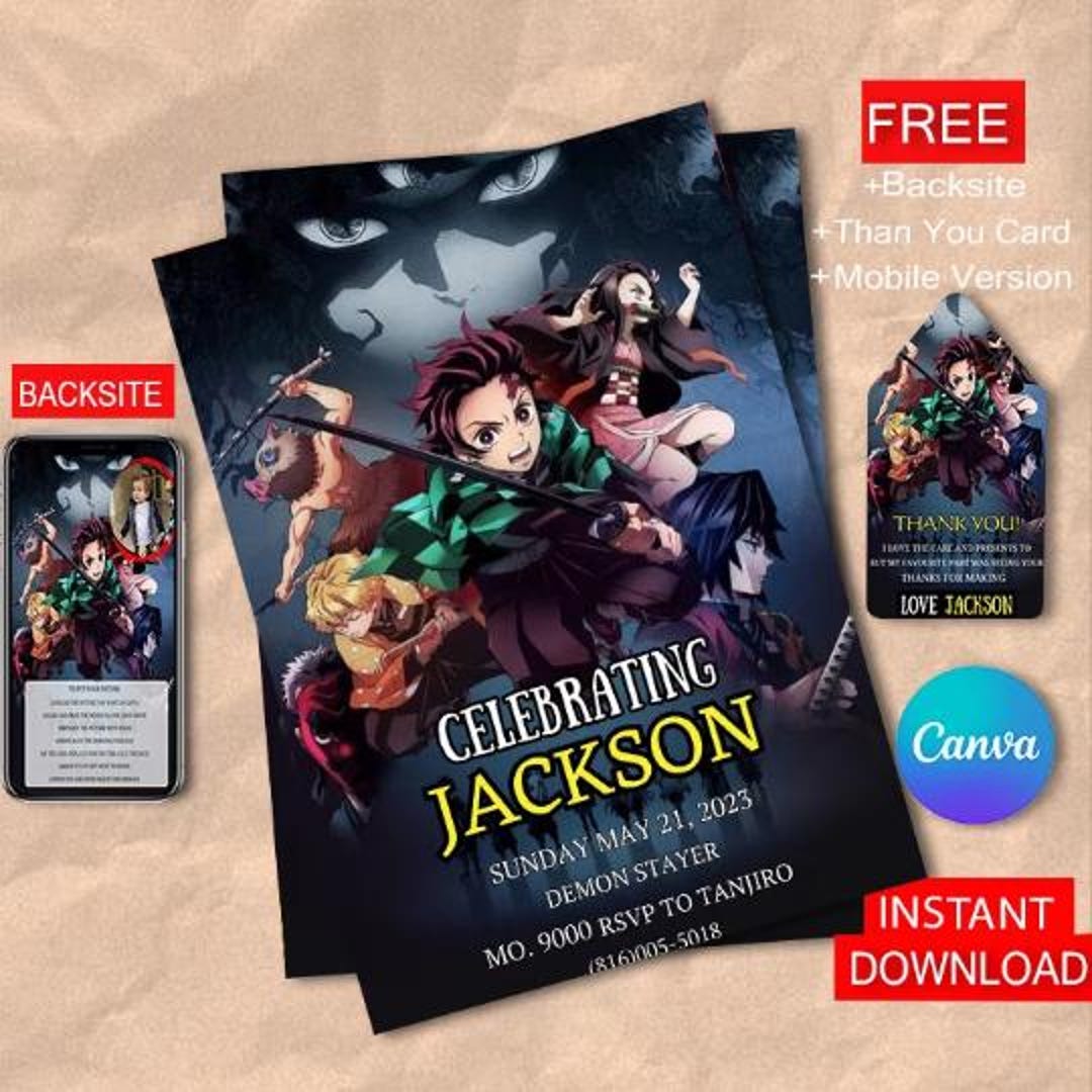 Editable Demon Slayer Birthday Invite, Anime Birthday Party Invite ...