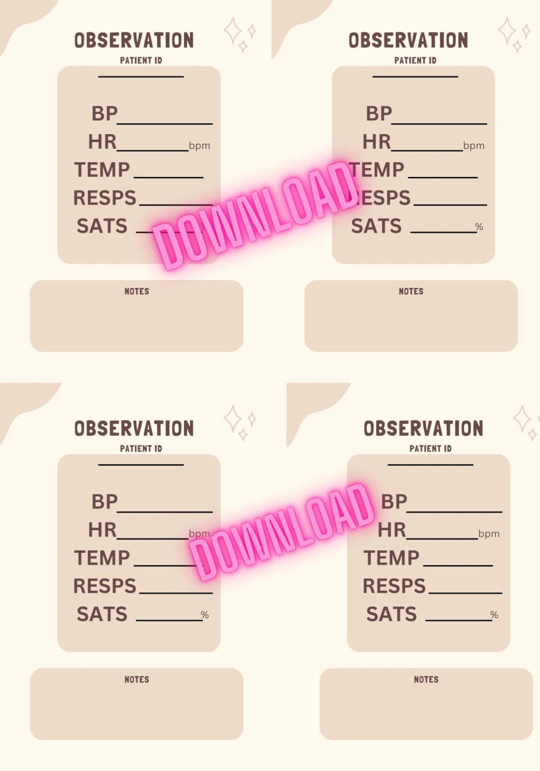 Printable Observation Cards Midwifery Nursing Healthcare Digital ...