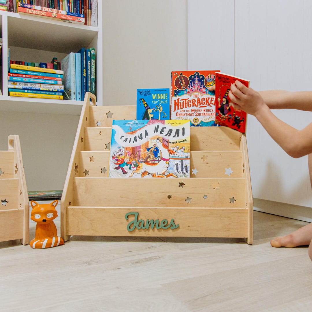 Boho Bookshelf With Name for Kids. Montessori Furniture. Books Storage ...