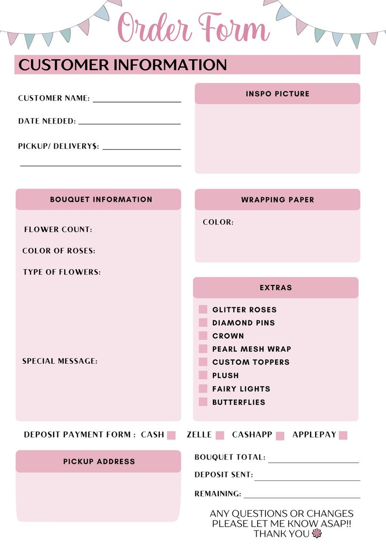 Editable Flower Order Form/bouquet Order Confirmation for Florists - Etsy