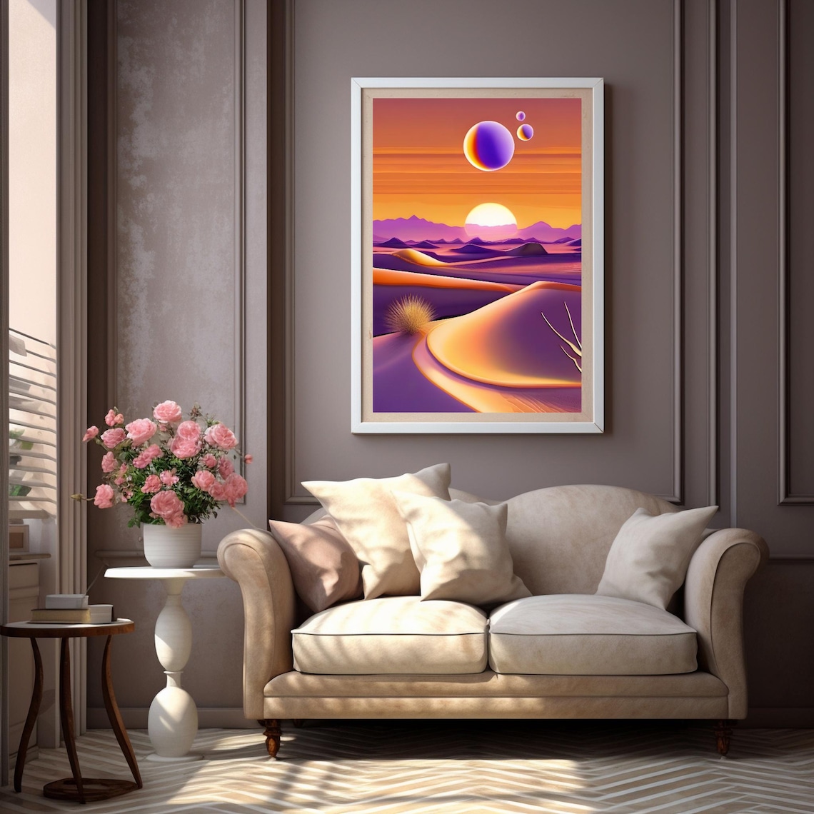 Surreal Desert Sunset Print – Modern Surrealism Wall Art, Purple and ...