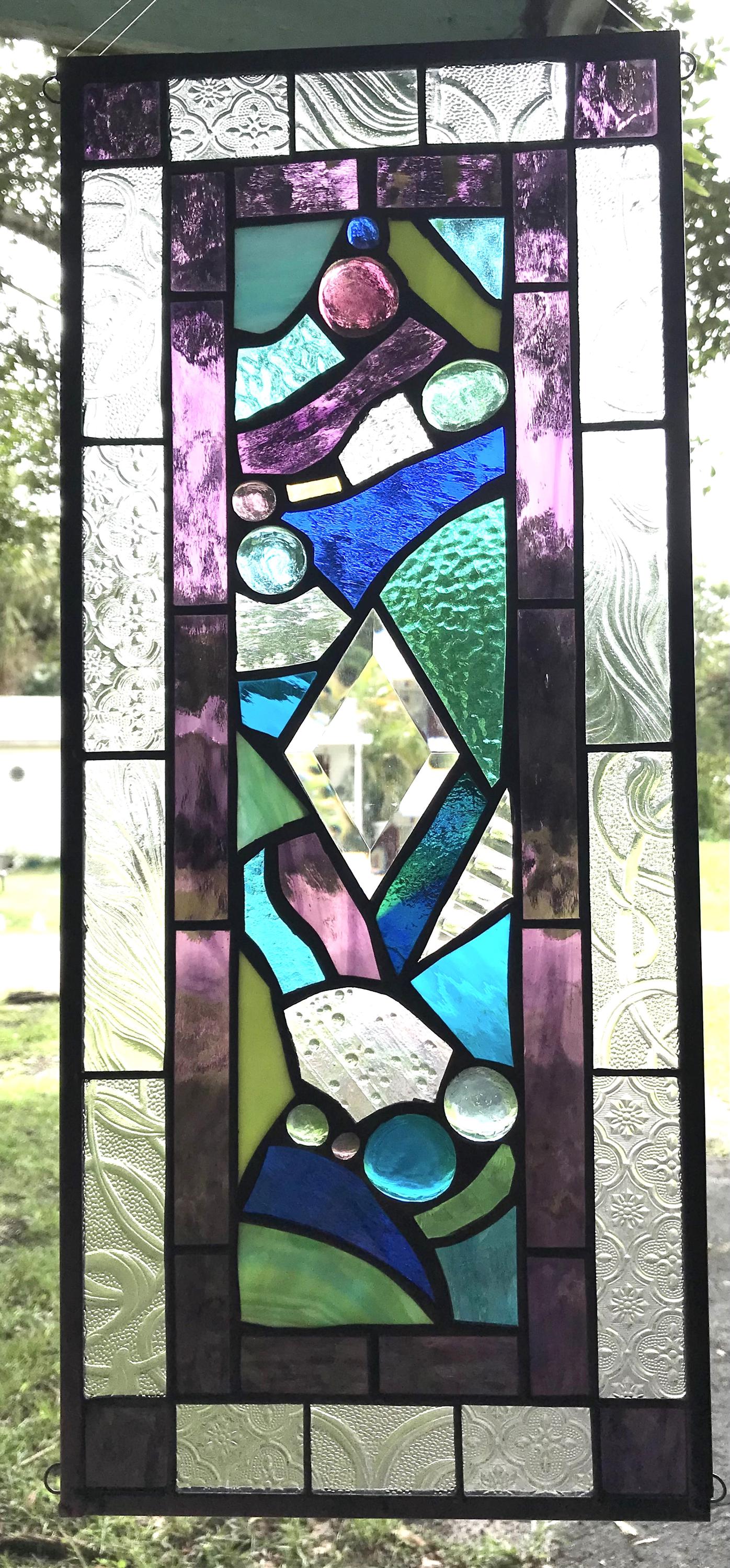 ABSTRACT STYLE 23 X 10 Real Stained Glass Window Panel Hangs Two Ways ...
