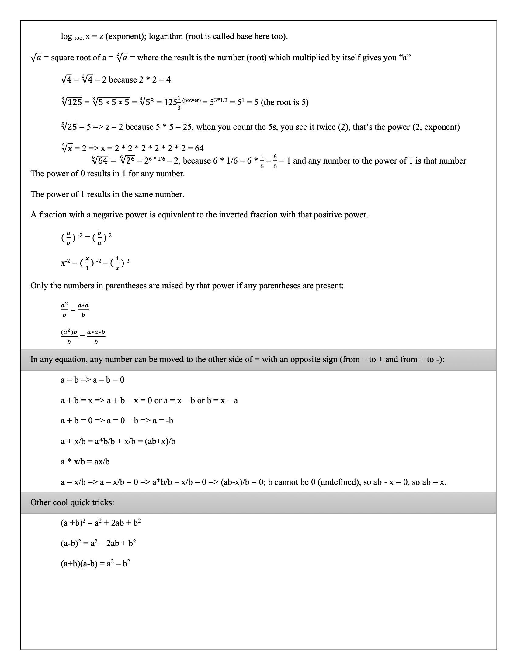 Basic Mathematics Cheat Sheet - Etsy