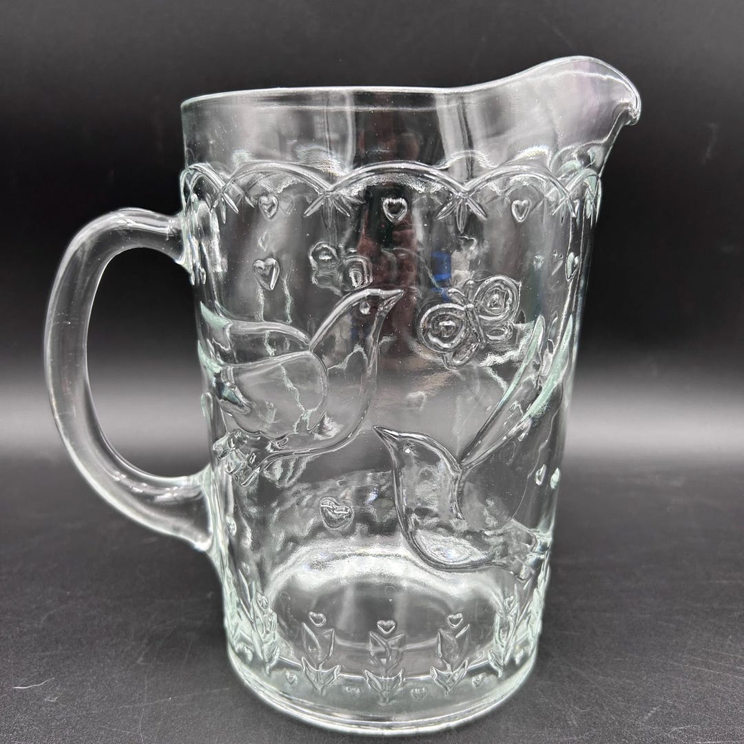 Vintage Pressed Glass Pitcher With Birds, Hearts & Butterfly – Country ...