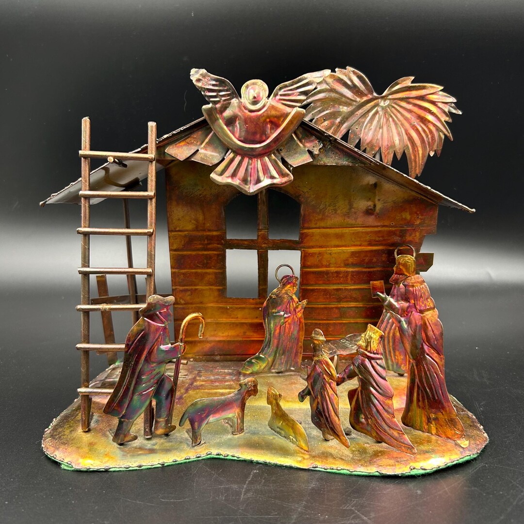 Vintage Brutalist Metal Nativity Scene Mid Century Torch Finish 3D Holy ...