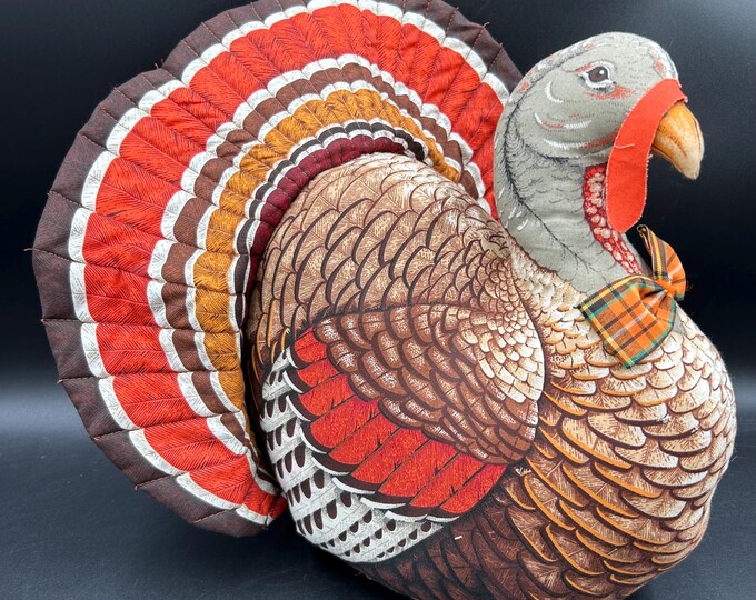 Vintage Stuffed Turkey Decor 15” Fabric Thanksgiving Plush Bird With ...
