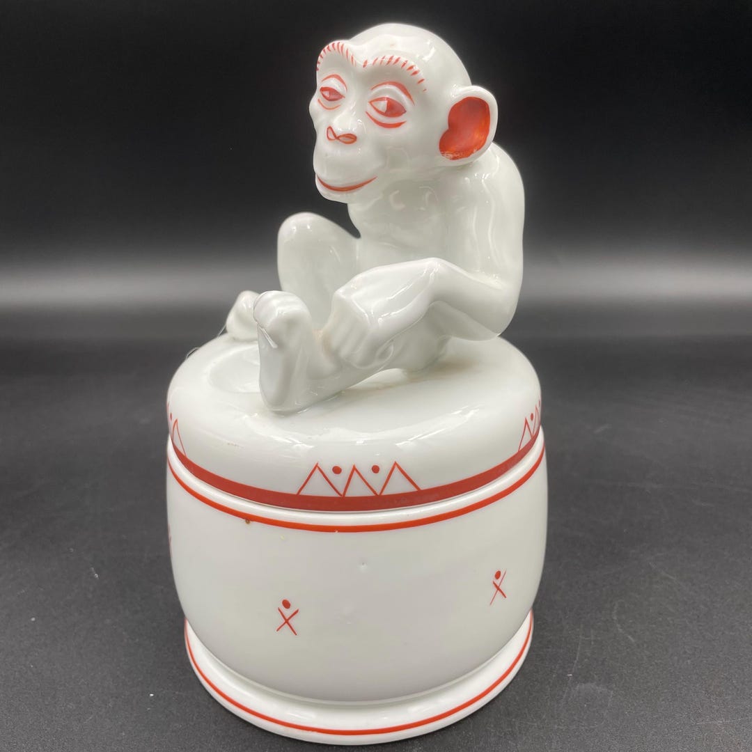 Rare German Porcelain Monkey Jar – 6” Figural Vanity Trinket Box With ...