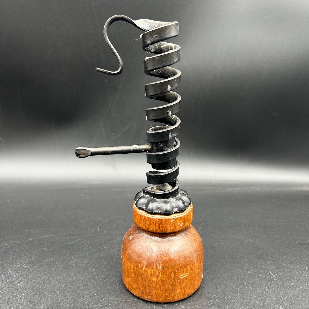 Vintage Cast Iron Spiral Candle Holder W/ Wood Base – Rustic Primitive ...