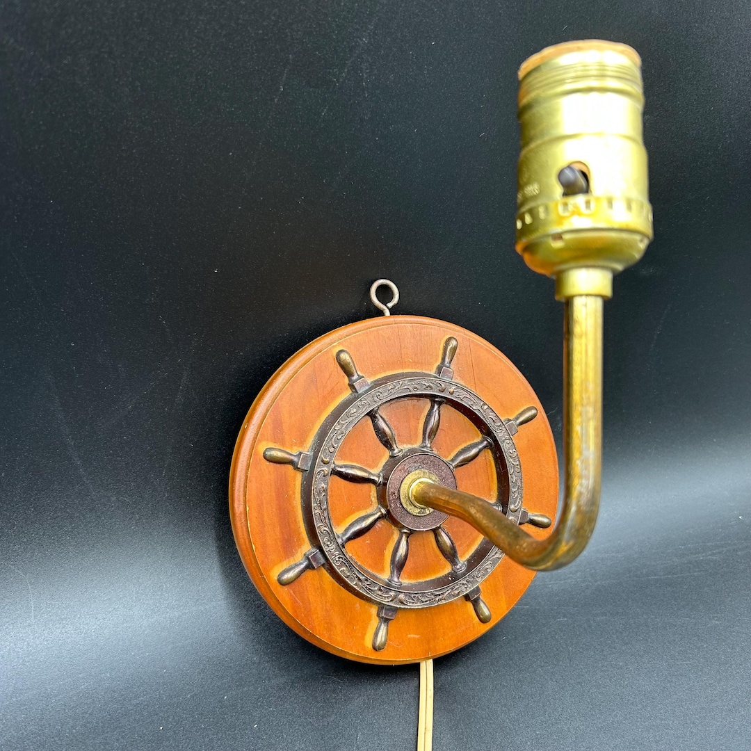 Vintage Nautical Ship Wheel Wall Sconce Lamp Brass Wood Coastal Cottage ...